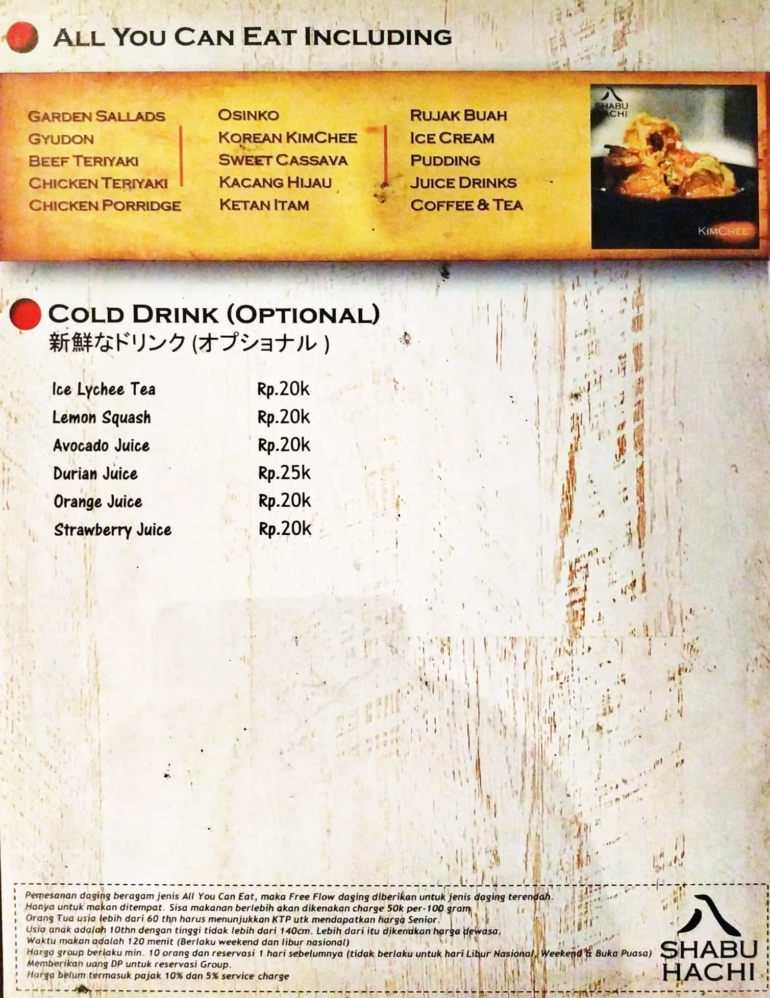 Menu at Shabu Hachi restaurant, Jakarta, Jl. Ampera Raya No. 127