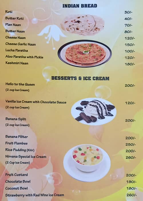 Menu at Nirvana Cafe, Canacona