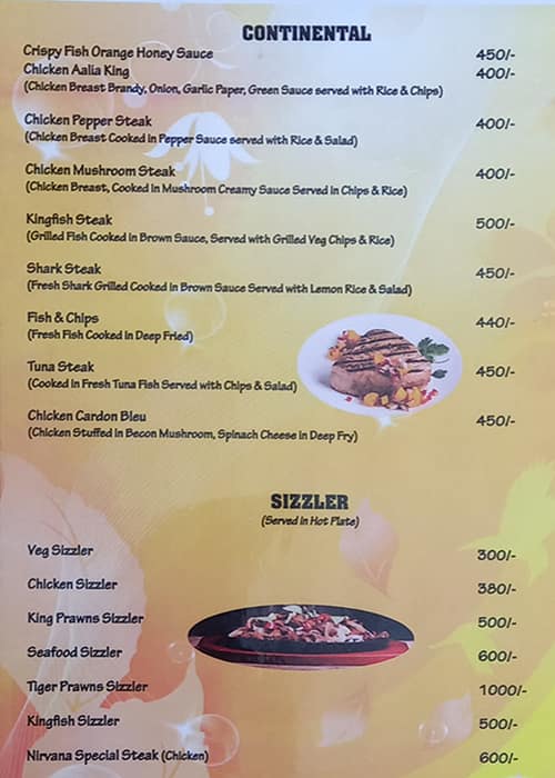 Menu at Nirvana Cafe, Canacona