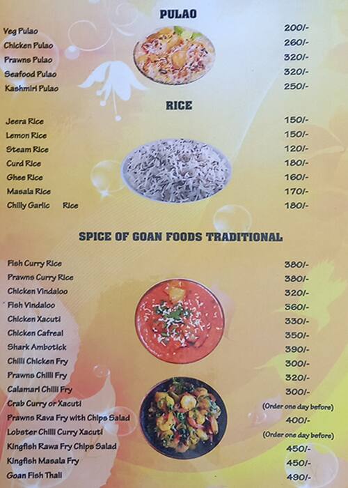 Menu at Nirvana Cafe, Canacona