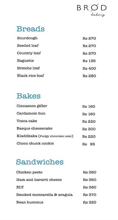 Menu at Brod Bakery, Chennai