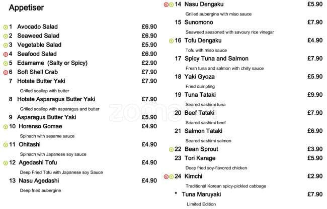 Menu at Maru, Esher