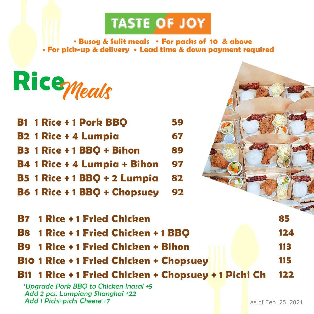 Menu at Taste of Joy restaurant, Santa Rosa