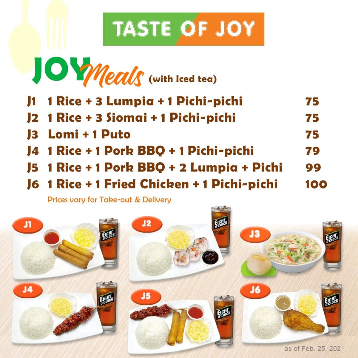 Menu at Taste of Joy restaurant, Santa Rosa