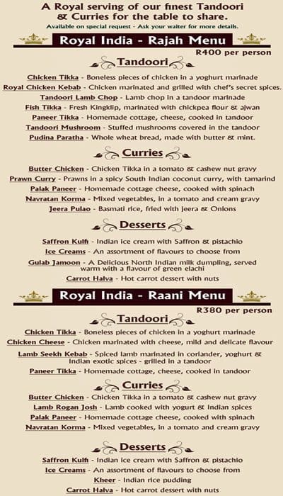 Menu at The Royal India restaurant, New Redruth