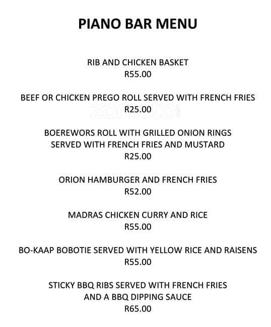 Menu at Piano Bar, Johannesburg