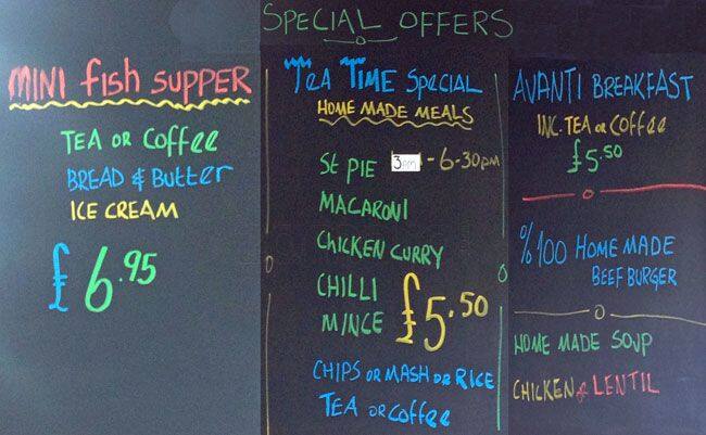 Menu at Cafe Avanti, Glasgow, 24-26 Merkland St