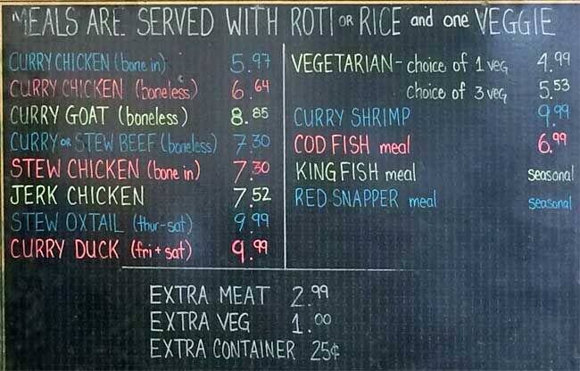 Menu at Mona's Roti restaurant, Toronto