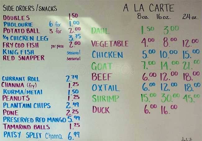 Menu at Mona's Roti restaurant, Toronto