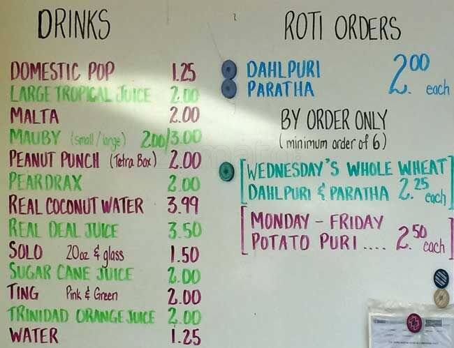 Menu at Mona's Roti restaurant, Toronto