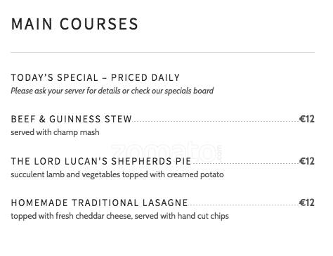 Menu at The Lord Lucan Bar, Lucan