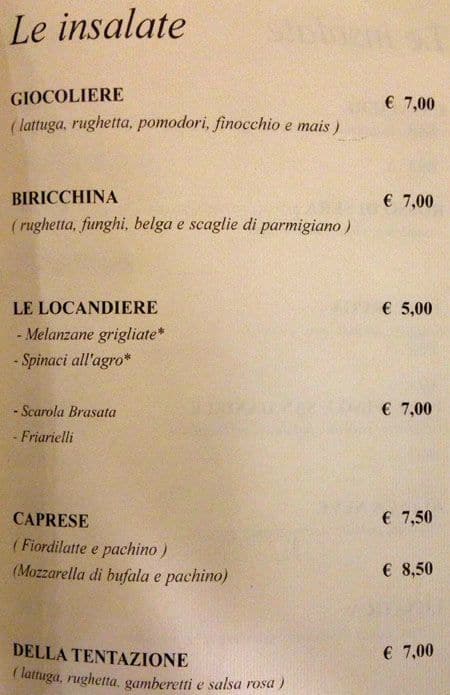 Menu au Pane Vino e San Daniele restaurant, Rome, Piazza Mattei