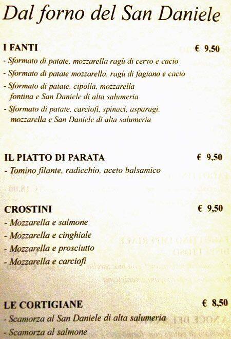 Menu au Pane Vino e San Daniele S.p.A restaurant, Rome