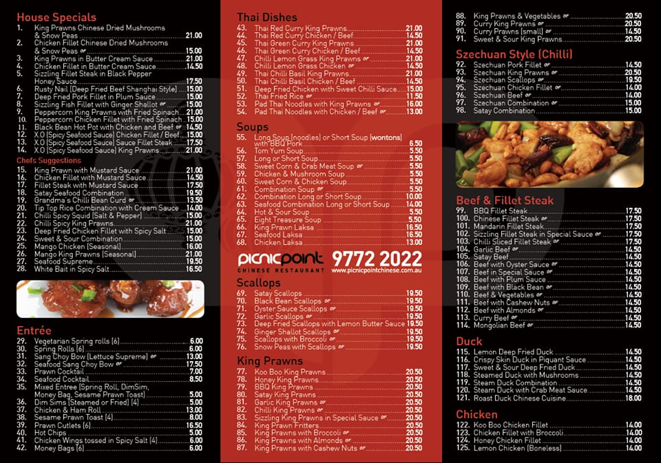 Menu at Picnic Point Chinese restaurant, Picnic Point