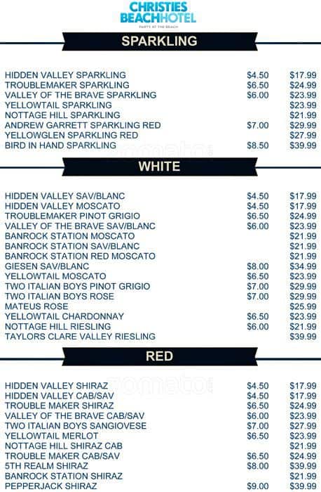 Menu at Christies Beach Hotel pub & bar, Christies Beach