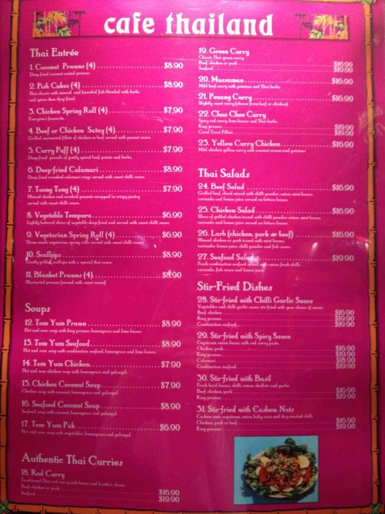 Menu at Cafe Thailand, Cairns