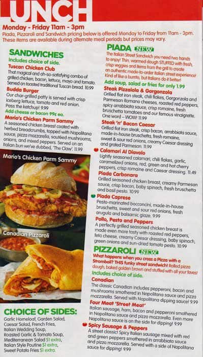 Menu au East Side Mario's pizzeria, Ottawa, Innes Rd