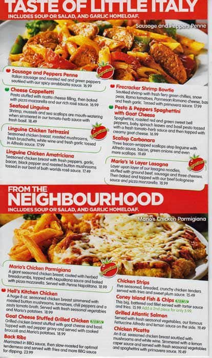 Menu au East Side Mario's pizzeria, Ottawa, Innes Rd