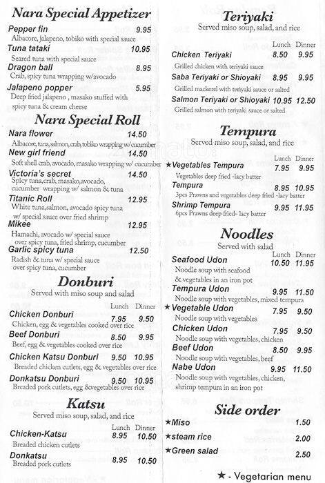Menu at Nara restaurant, San Francisco, Polk St