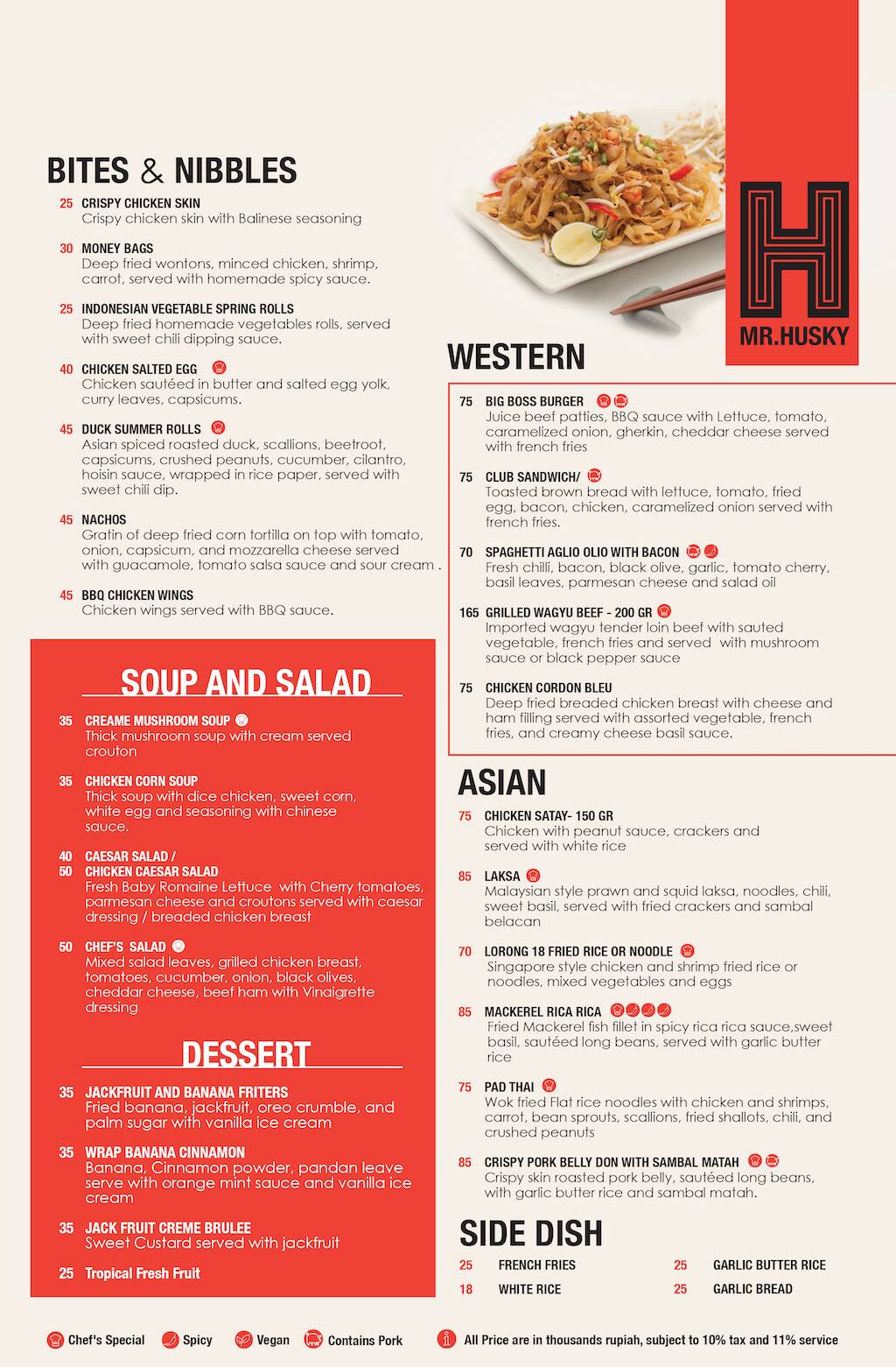 Menu at Mr. Husky restaurant, Denpasar