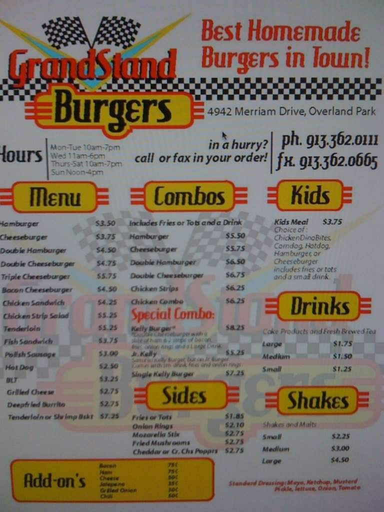 Grandstand Burgers Menu, Menu for Grandstand Burgers, Shawnee, Kansas ...
