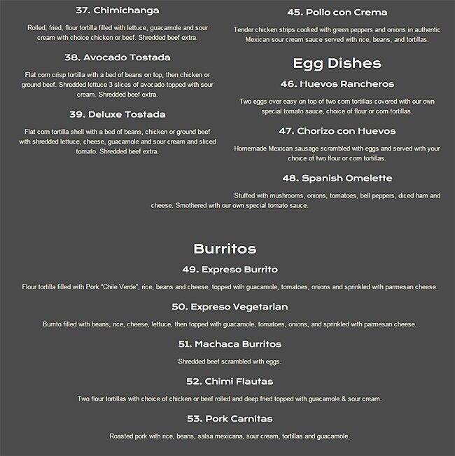 Menu at Don Pedro restaurant, Pineville, Lee St