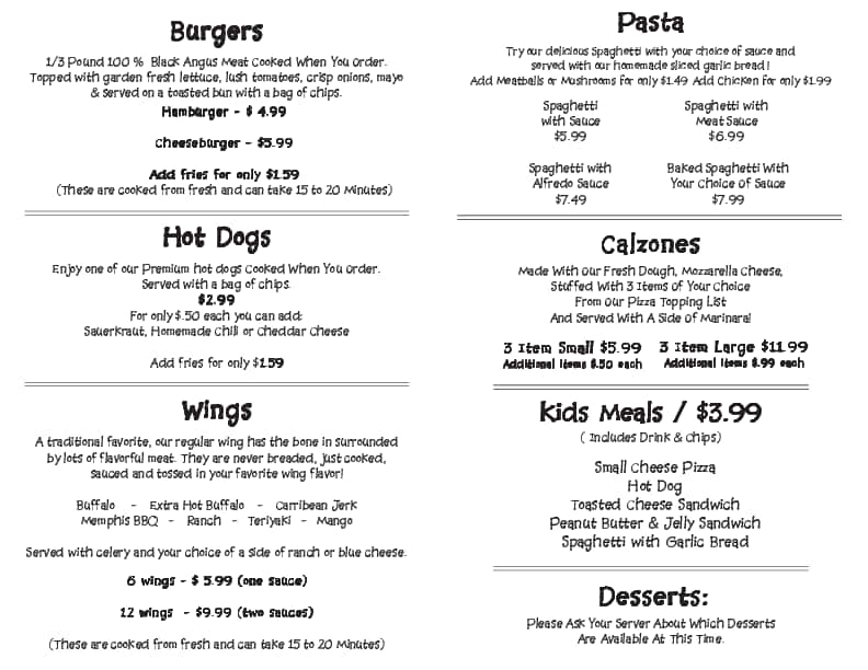 Menu at Blue Ridge Pizza Company pizzeria, Etowah