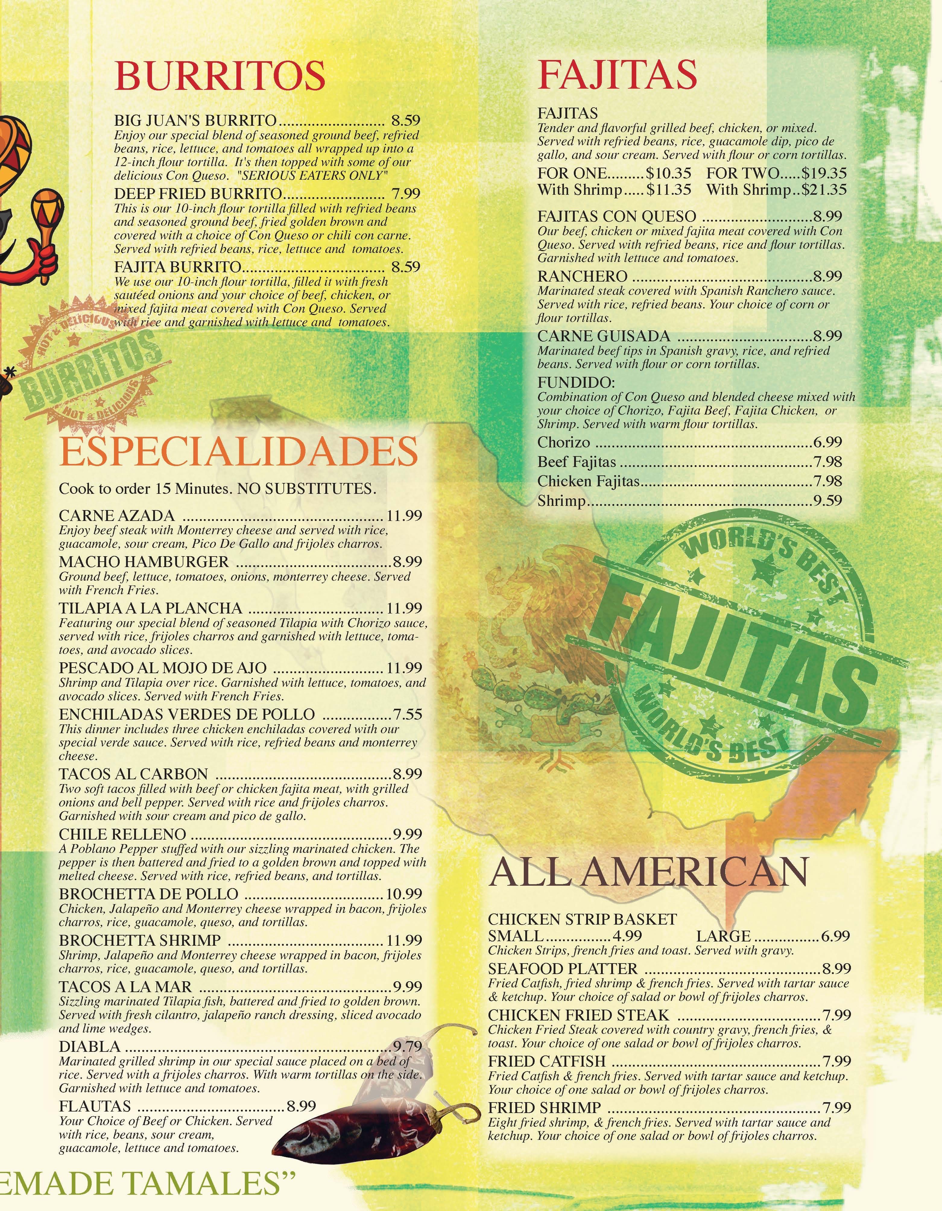 Menu at Senor Toro restaurant, Vidor, N Main St