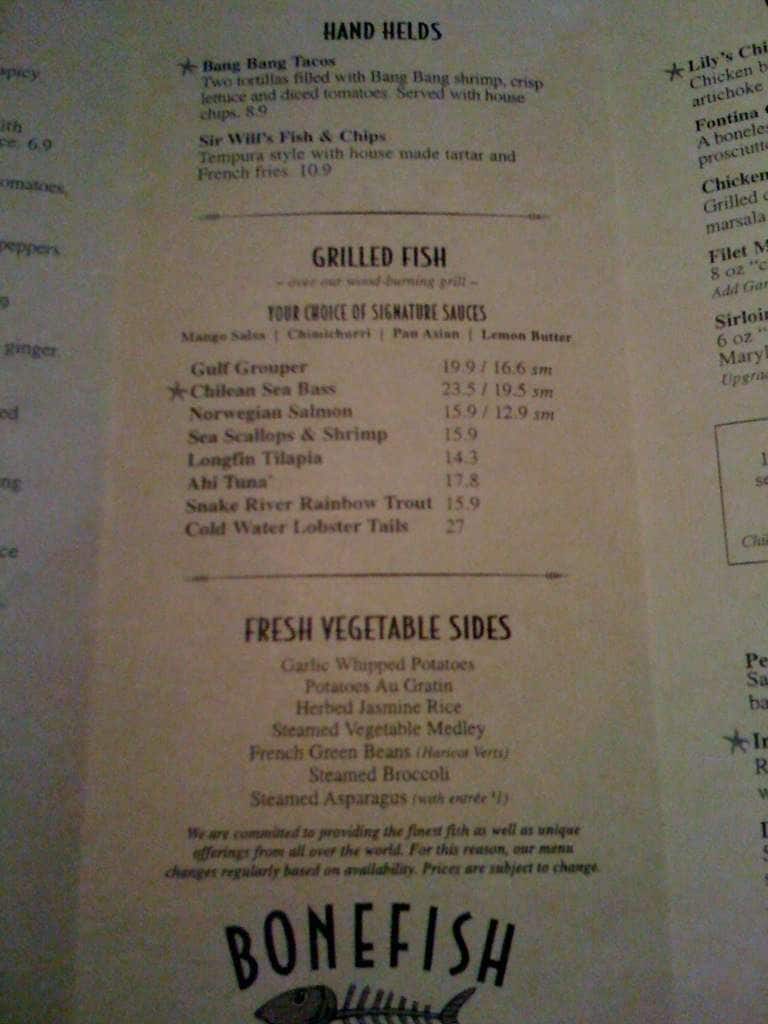Menu at Bonefish Grill pub & bar, Naples