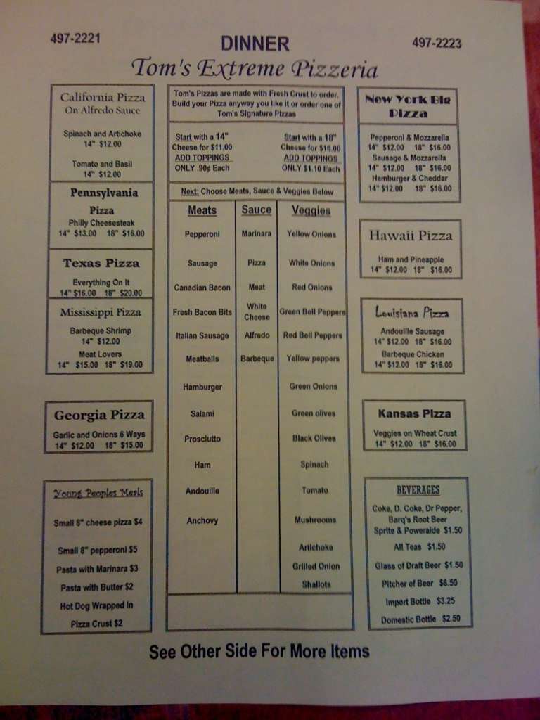 Tom's Extreme Pizzeria Menu - Urbanspoon/Zomato