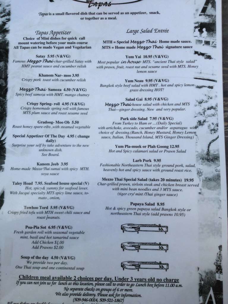 Carta del pub y bar Mezzo Thai Tapas, Richland, 94 Lee Blvd