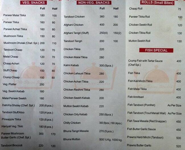 The Spice Studio Menu, Menu for The Spice Studio, Geeta Colony, New ...