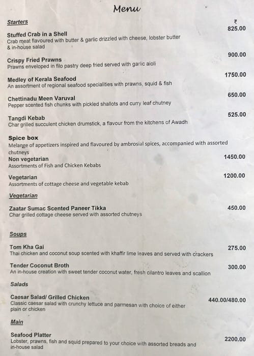 Menu at Villa Maya, Thiruvananthapuram