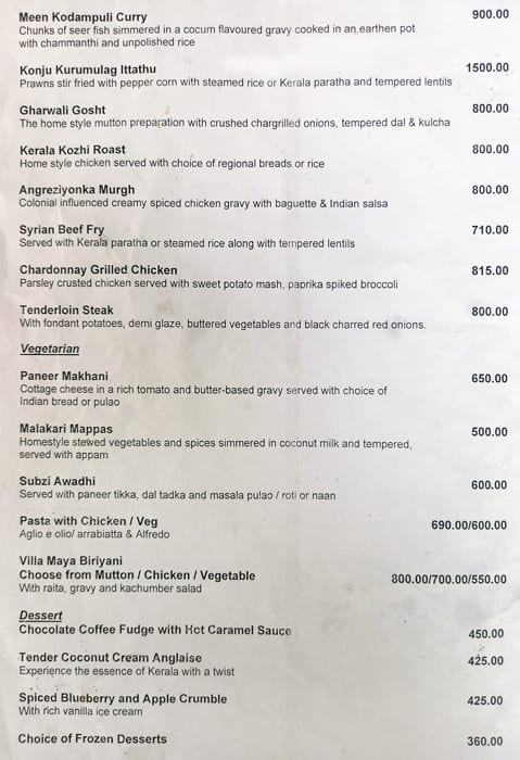 Menu at Villa Maya, Thiruvananthapuram