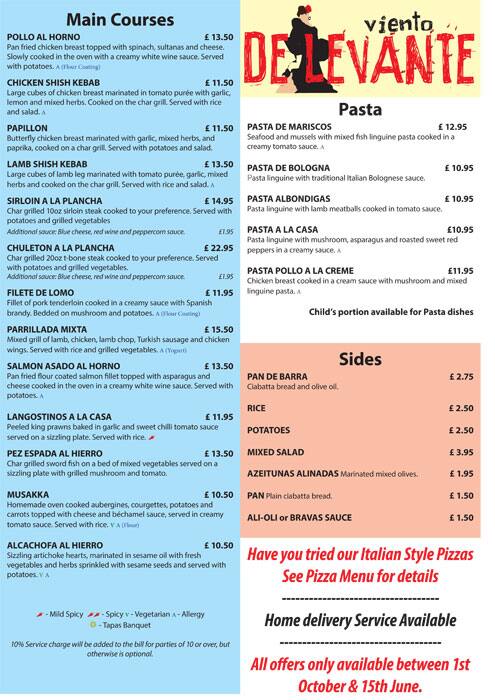 Menu at Viento De levante pub & bar, Selsey