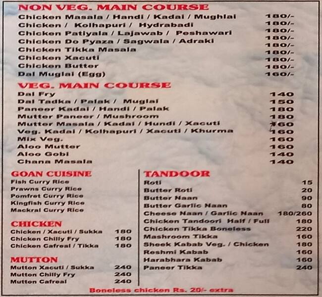 Menu at Sea View Restuarant, Canacona