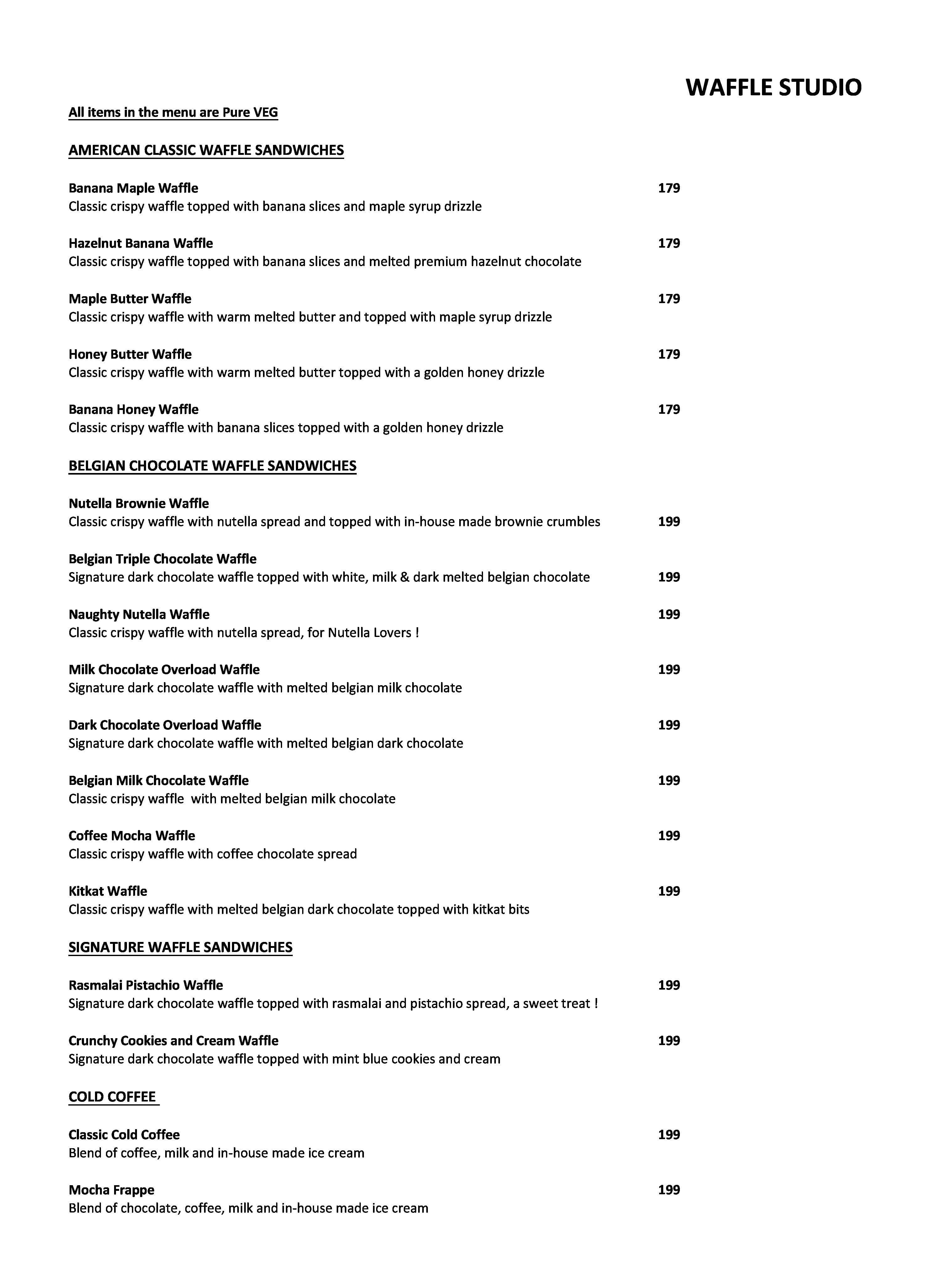 Menu at Waffle Studio, Hyderabad, 2-22-98/B