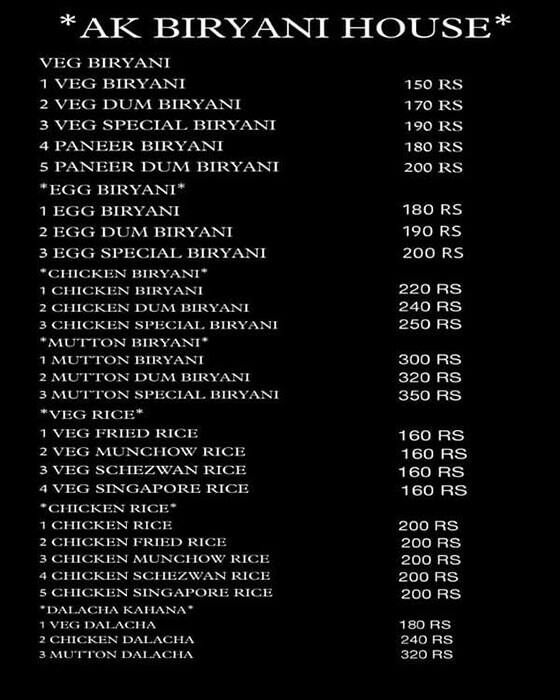 Menu of AK Biryani House, Pimple Saudagar, Pune