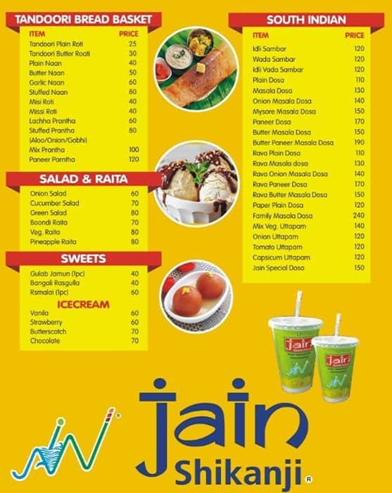 Menu at Jain Shikanji, Meerut, Haridwar-Delhi highway