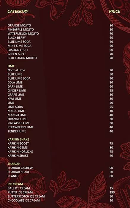 Menu at Morgan Cafe, Neyyattinkara