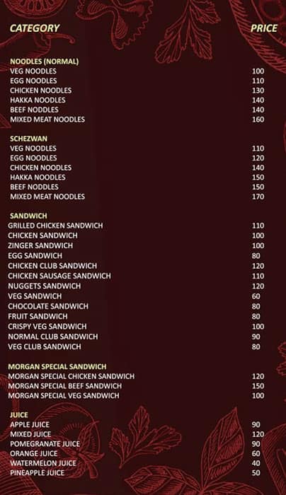 Menu at Morgan Cafe, Neyyattinkara