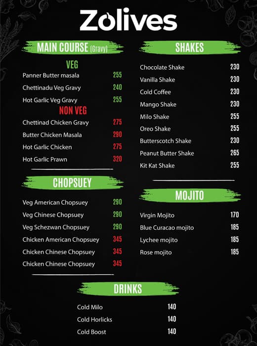 Menu of Zolives, Kodambakkam, Chennai