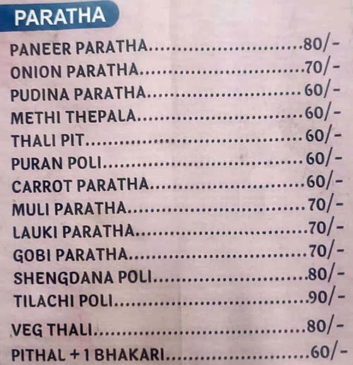 Menu of AG Paratha House, Kharadi, Pune