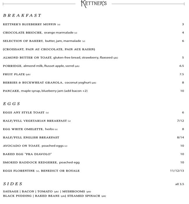 Menu at Kettner's pub & bar, London