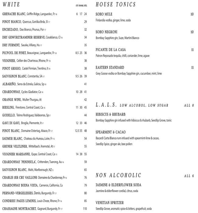 Menu at Kettner's restaurant, London