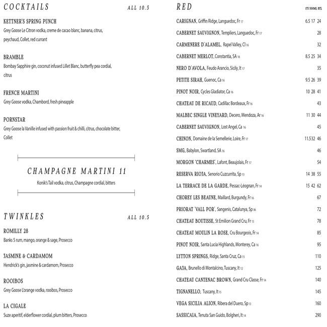 Menu at Kettner's pub & bar, London