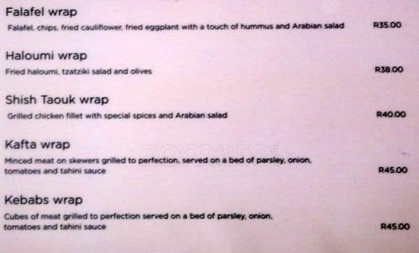 Menu at Altanoor restaurant, Johannesburg
