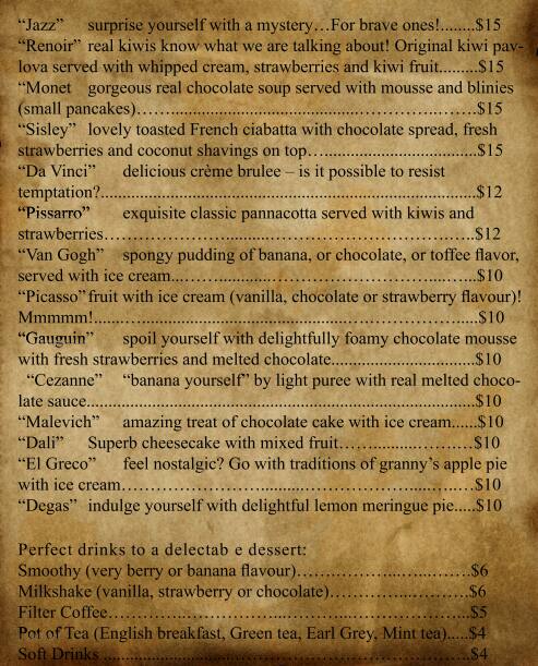 Menu at Delectable Desserts, Auckland