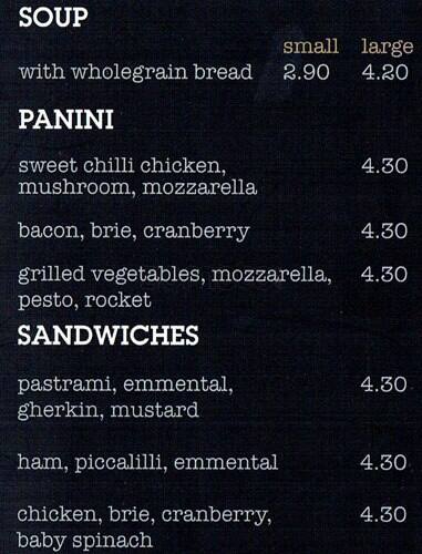 Menu at Project Coffee cafe, Edinburgh