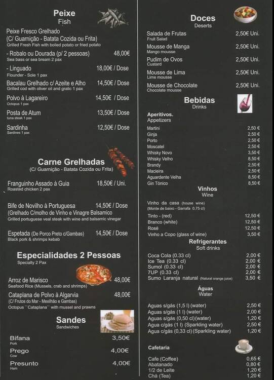 Menu at Marias de Vinho Tinto restaurant, Lisbon